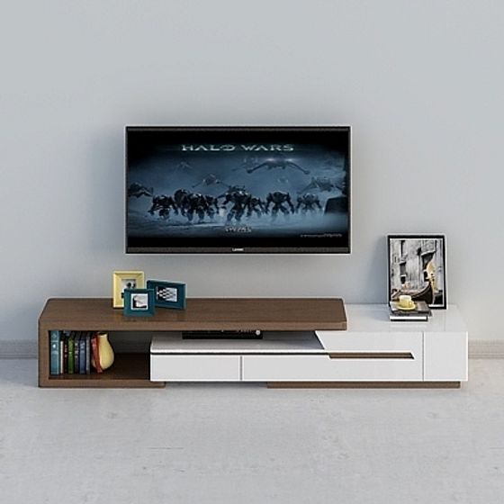Sleek Modern TV Stand 3D Model – White & Wood Design