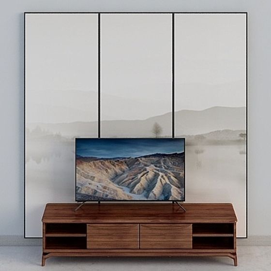 Stylish Low-Poly TV Stand with Background Wall 3D model