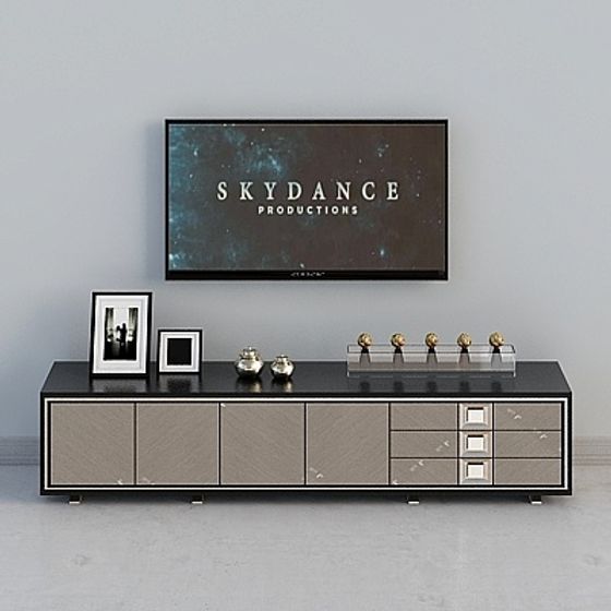 Sleek Modern TV Stand 3D Model – Dark Wood & Metal