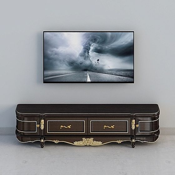 Elegant Low-Polygon TV Cabinet 3D Model – Wood & Gold