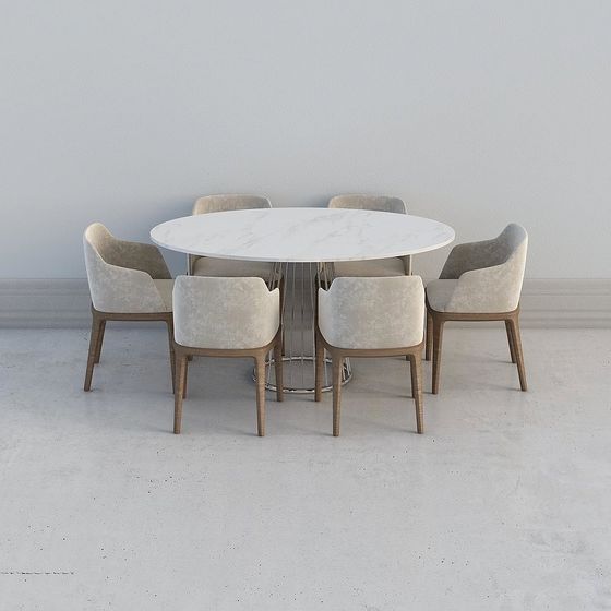 Round Table with Six Chairs 3D Model