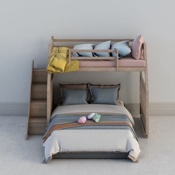 Minimalist Bunk Bed 3D Model – Light Wood Design