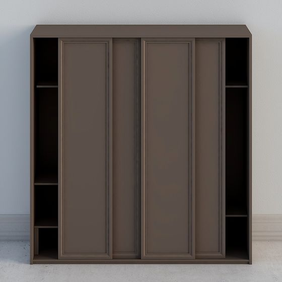 Elegant Minimalist Sliding Wardrobe 3D Model – Low-Poly Brown Wood