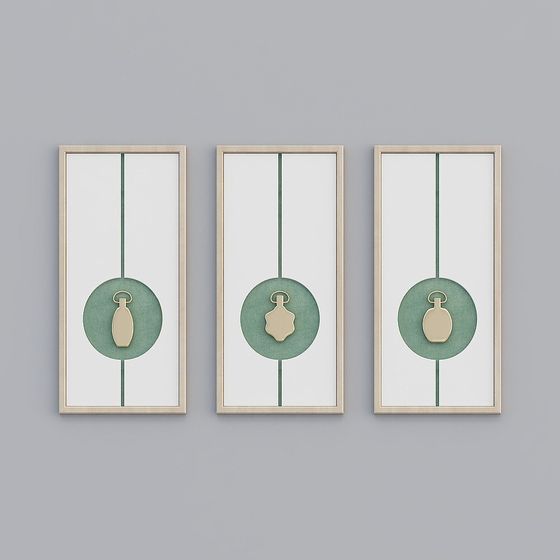 Suspended Art Triptych 3D Model – Modern Green & Gold