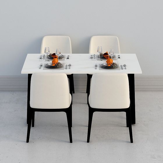 Minimalist Dining Table & Chairs 3D Model – Marble & Metal