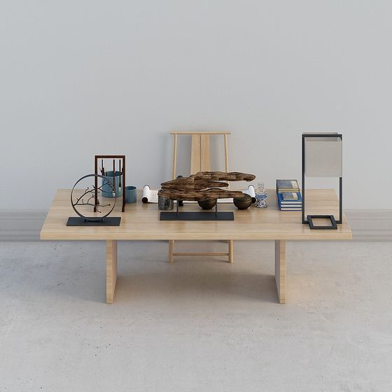 Wooden Desk and Decorative Items Collection 3D model