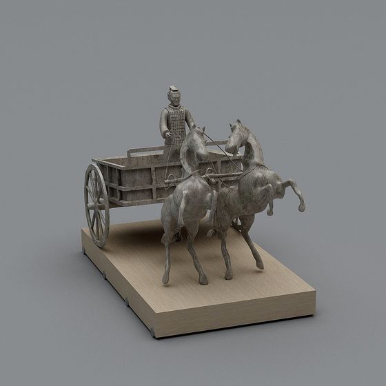 Ancient Double Horse Chariot 3D model
