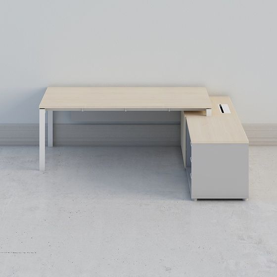 Modern L-Shaped Office Desk 3D Model – Wood & Metal