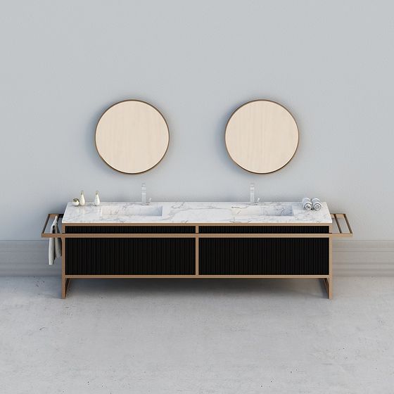 Modern Double Sink Bathroom Vanity 3D Model – Marble and Wood
