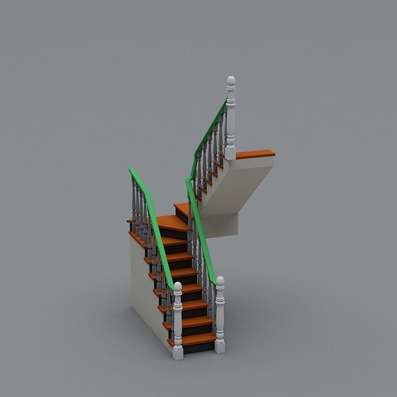 Elegant European-Style Staircase 3D Model – Wood & Railings