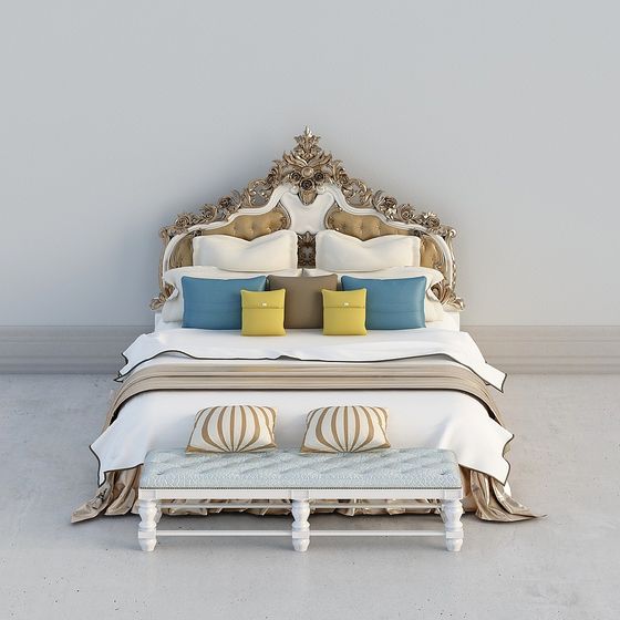 Elegant Royal Bed 3D Model – Gold-Carved Classical Design