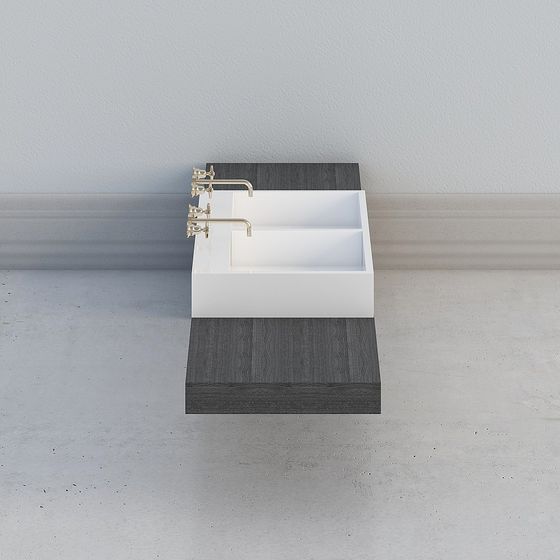 Modern Minimalist Floating Sink 3D Model – Wood & Gold Finish