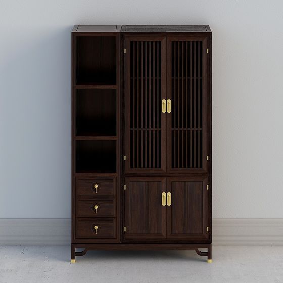 Elegant Chinese-Style Bookshelf 3D Model – Traditional Wood Texture